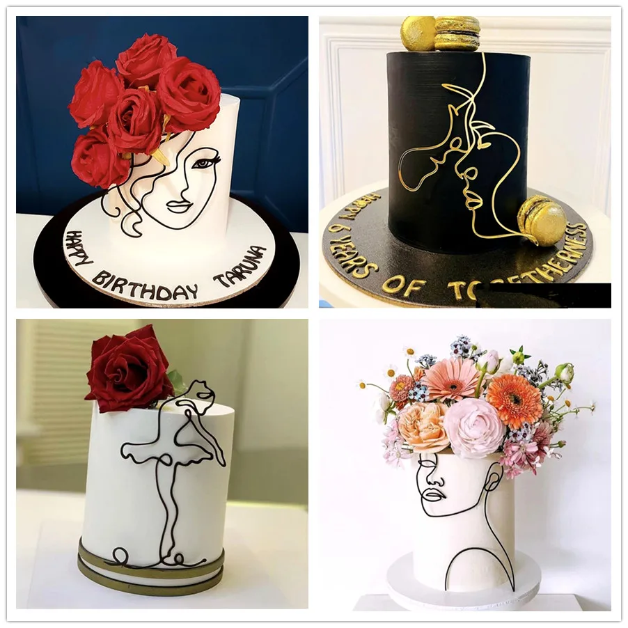 INS Abstract Minimalism Birthday Cake Topper Face Golden Acrylic Happy ...