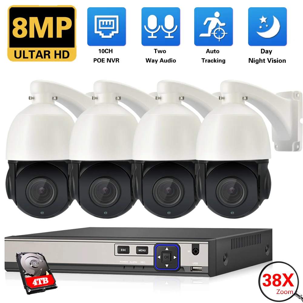 Kit de caméra de surveillance PTZ IP POE NVR 8MP/38X, 10 canaux, 4K, avec Zoom, suivi ...