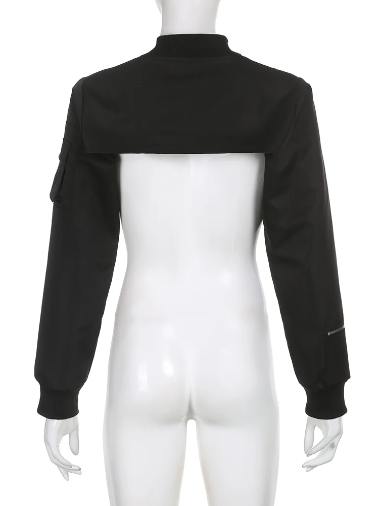 Weekeep Punk Style Super Cropped Jacket Zip Up Pocket Patchwork Cargo ...