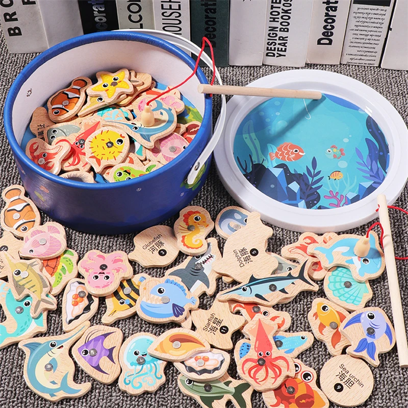 Montessori-Wooden-Magnetic-Fishing-Toys-for-Baby-Cartoon-Marine-Life ...
