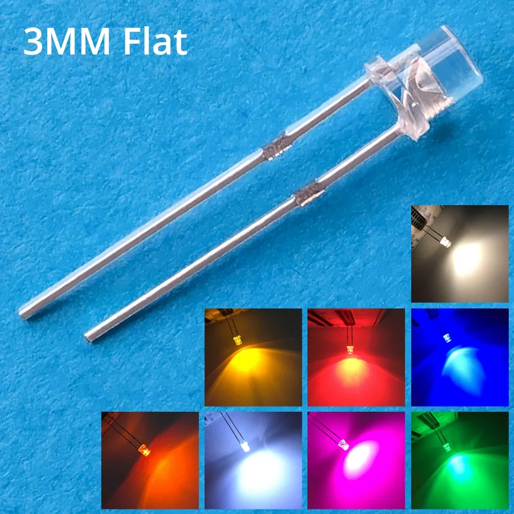 100-Stuks-F3-3Mm-2-Pinnen-Plat-Wit-Rood-Geel-Groen-Roze-Diode-Led ...