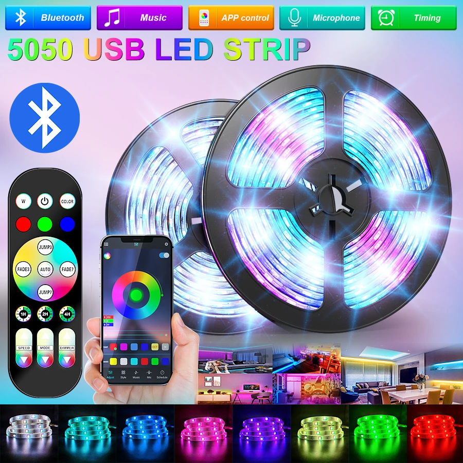 Bluetooth Led Strip Light 5050 USB RGB LED Lights Flexible Ribbon Diode Tape Phone APP Control ...