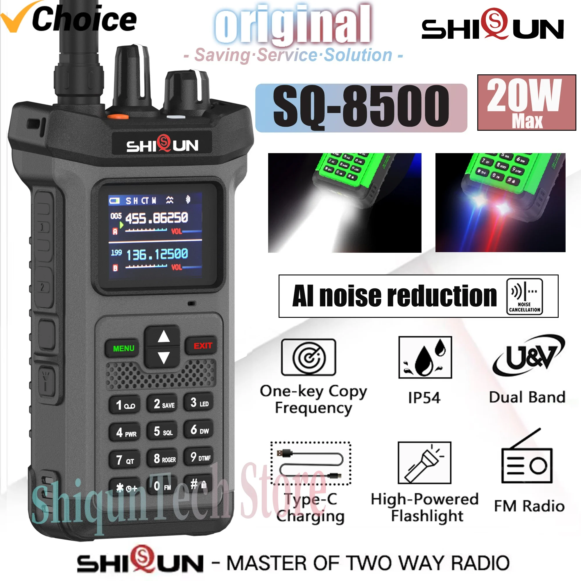 SQ-8500 20W High-Power Walkie Talkie AI Noise Reduction Reverse ...