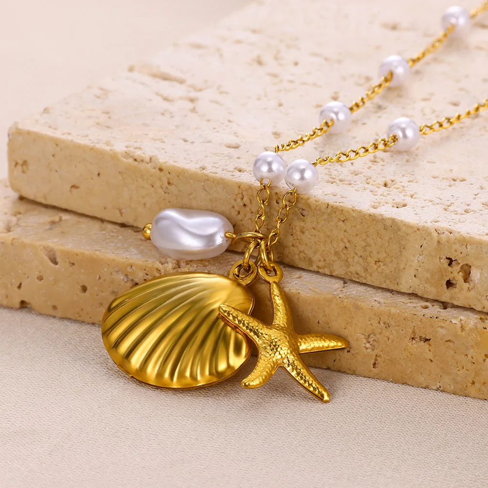 Summer-Beach-Starfish-Shell-Pearl-Necklace-For-Women-Aesthetic-Gold ...