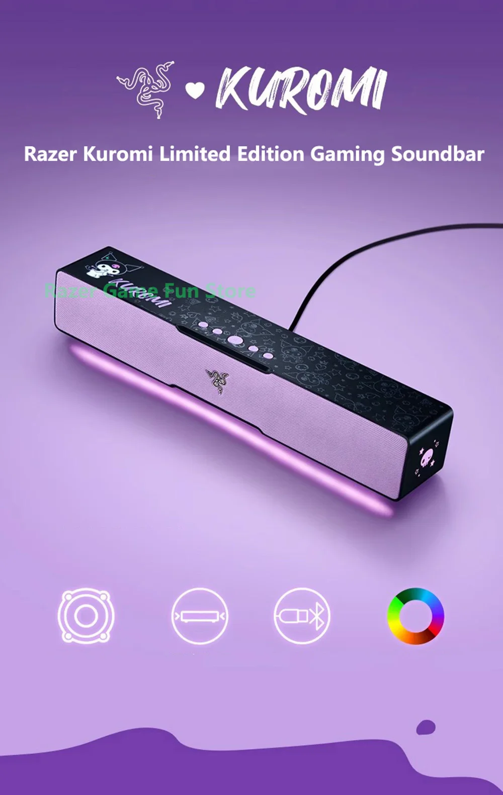 RAZER Kuromi Sanrio Caixa de Som para jogos Design compacto Chroma RGB Bluetooth 5.0 para PC ...
