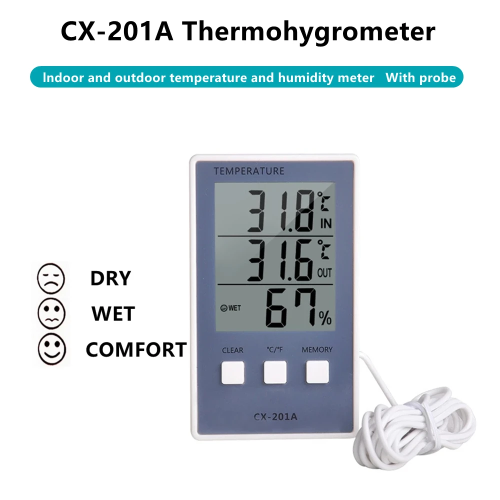 CX 201A Digital LCD Thermometer Hygrometer Indoor Outdoor Temperature ...