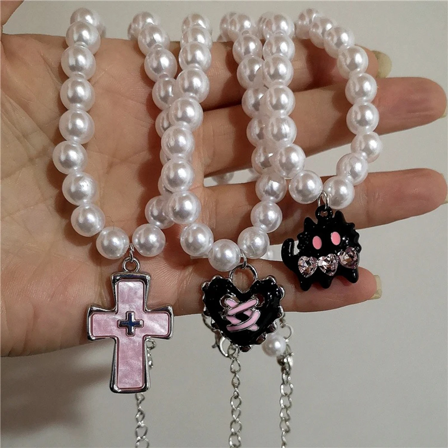 Y2K-Gothic-Pink-Cross-Black-Heart-Cat-Pendant-Pearl-Beaded-Necklace ...