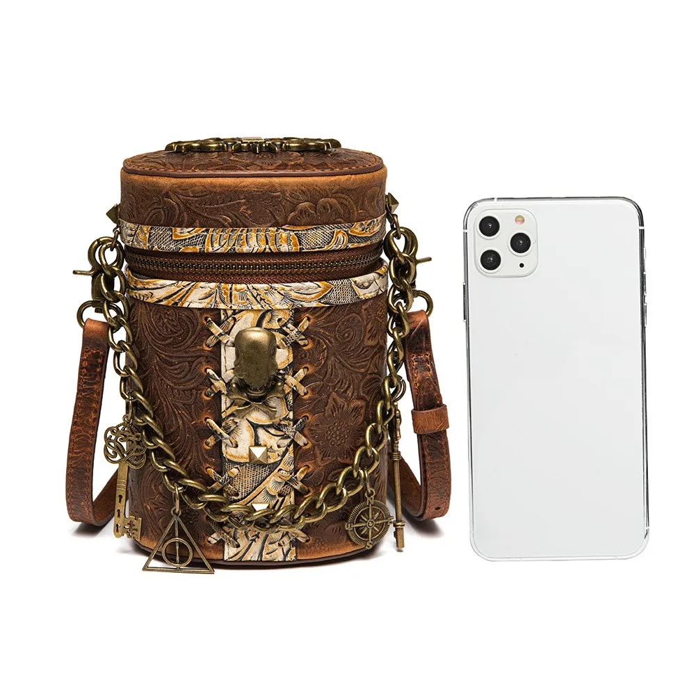 Luxury Steampunk Cosmetic Bag Vintage cowhide bucket bag niche chain ...