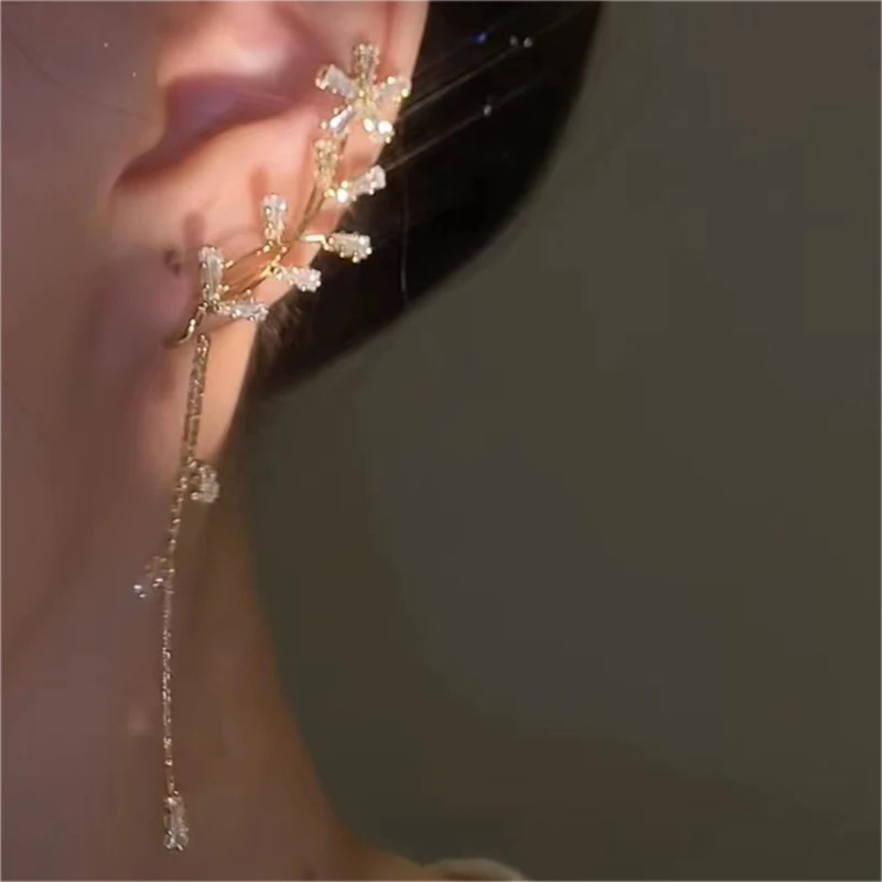 피어싱 없는 스파클링 지르콘 플라워 이어 클립 한국 스타일 여성용 플라워 이어 커프 클립 술 드롭 귀걸이 파티 주얼리