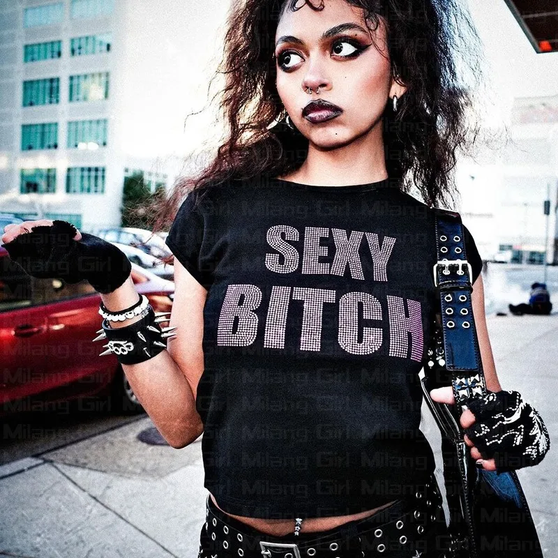 Rhinestones-Letter-Print-Street-Aesthetic-Grunge-Baby-Tee-Vintage-Women ...