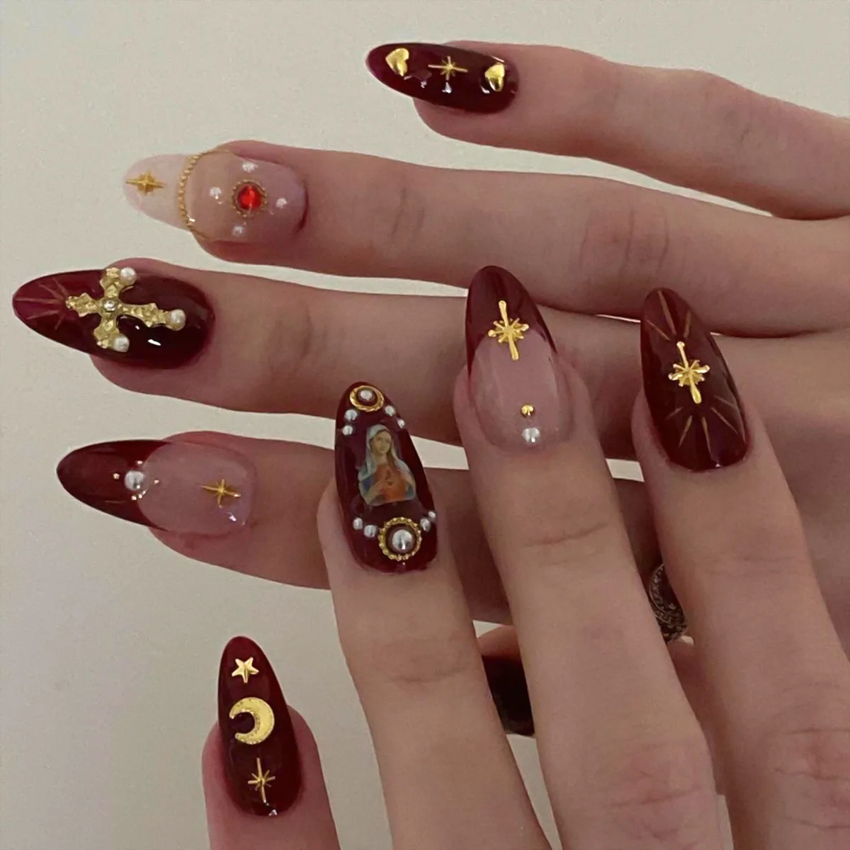 2024-New-Ramadan-Style-False-Nails-with-Gold-Moon-Star-Design-Almond ...