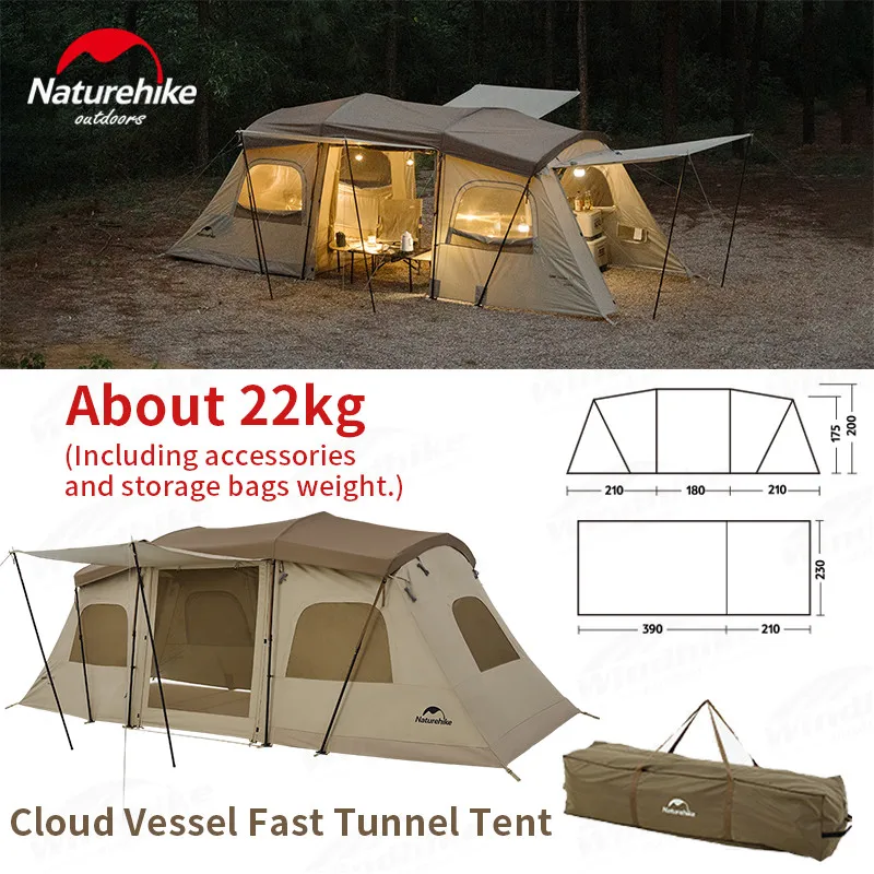 Naturehike Glamping 2-3 Persons Tunnel Tent Quick Open 1 Hall 1 Room Portable Hiking Camping ...