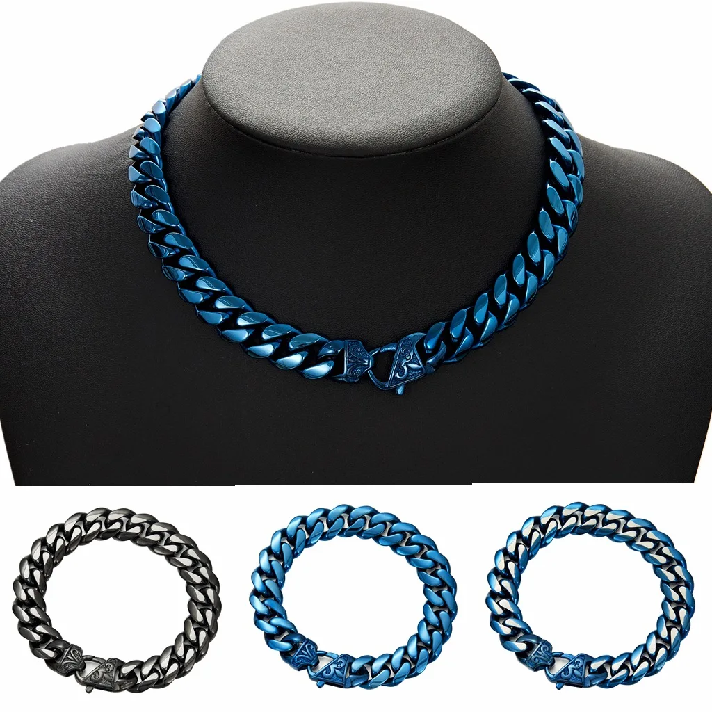 14mm Wide Stainless Steel Plated Blue Black Cuban Chain Crypto Chain ...