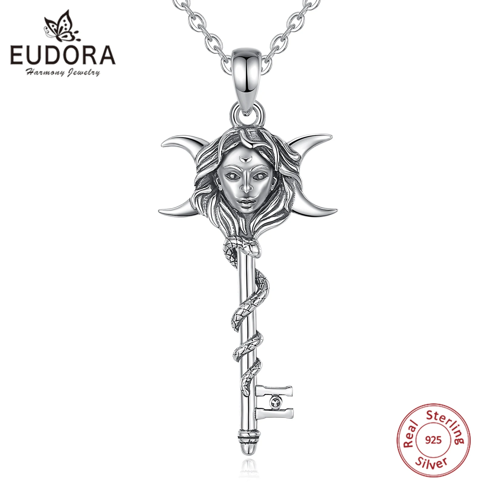 Eudora 925 Sterling Silver Hecate Necklace Snake Key Triple Moon ...