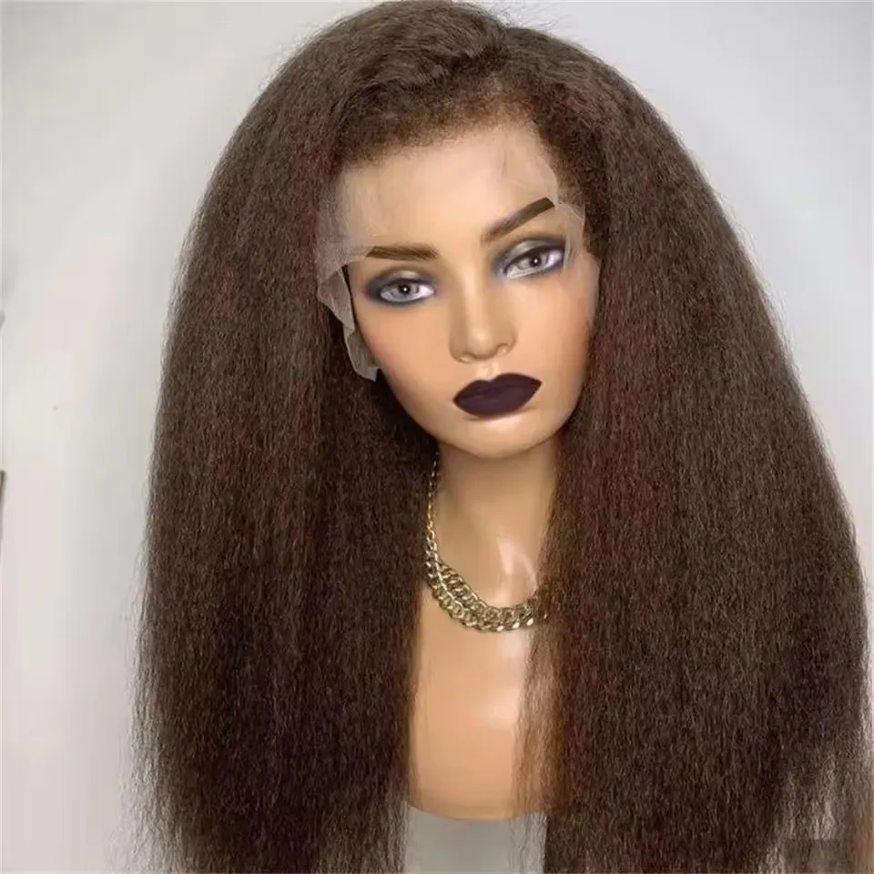 QW Synthetic Hair Brown Yaki Straight Kinky Soft 13X4 Lace Front Wig For Women Glueless Heat ...