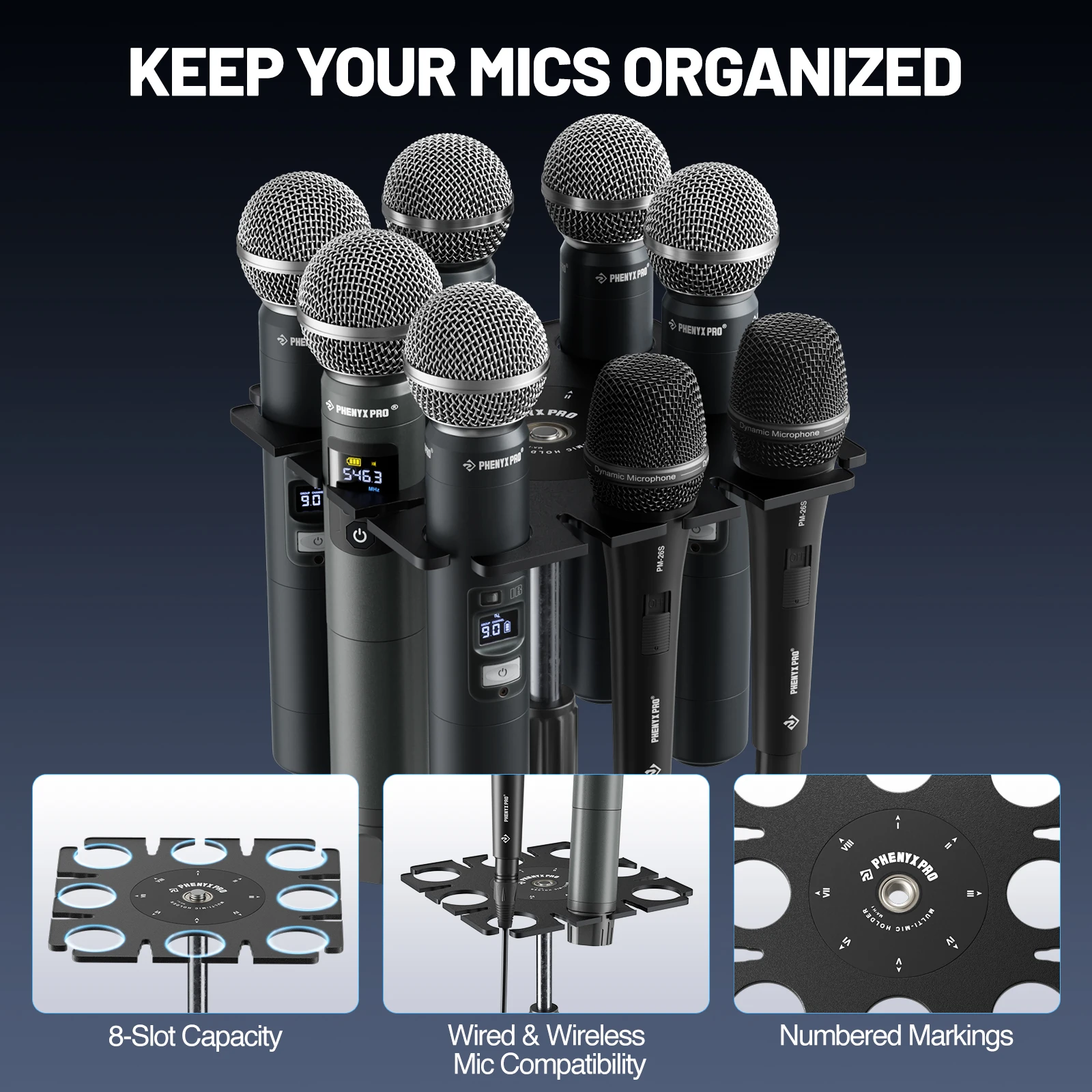 MA-H1 | 8-Slot Multi-Microphone Holder for wired & Wireless Mic ...