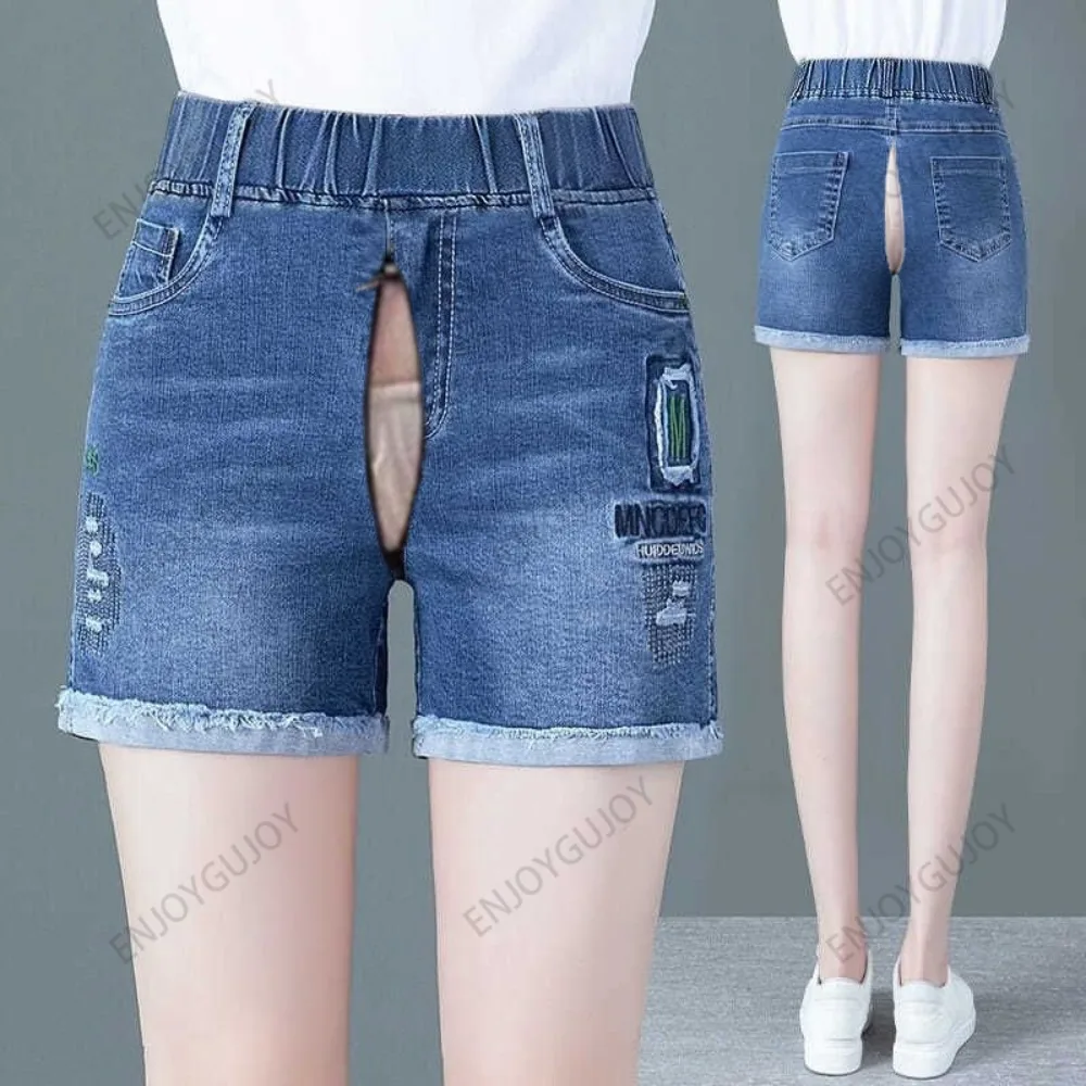 Women-s-Denim-Shorts-Invisible-Open-Crotch-Elastic-Straight-Leg-High ...