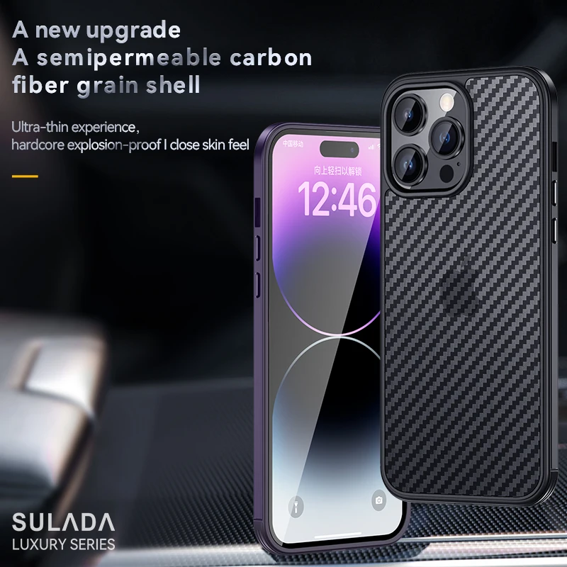 For iPhone 14 Case SULADA Luxo Fiber patterned Metal Bezel Transparent ...