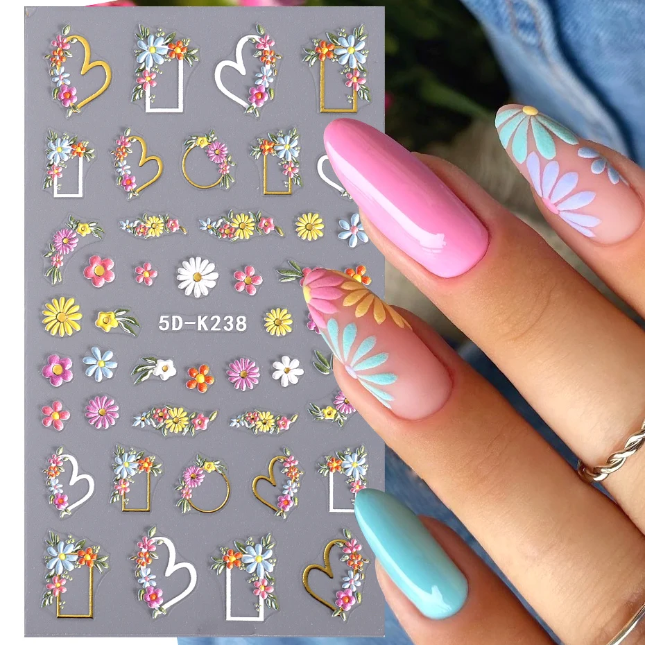 Small Daisy Flowers Nail Embossed Stickers Acrylic Elegant Simple ...