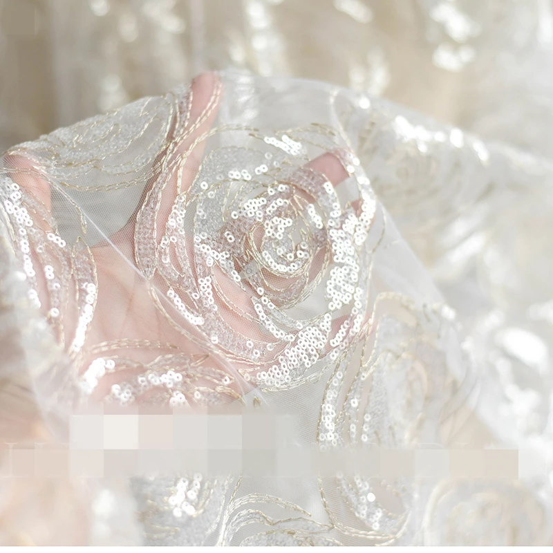 Tela de encaje de malla de tul bordada con lentejuelas, color rosa ...