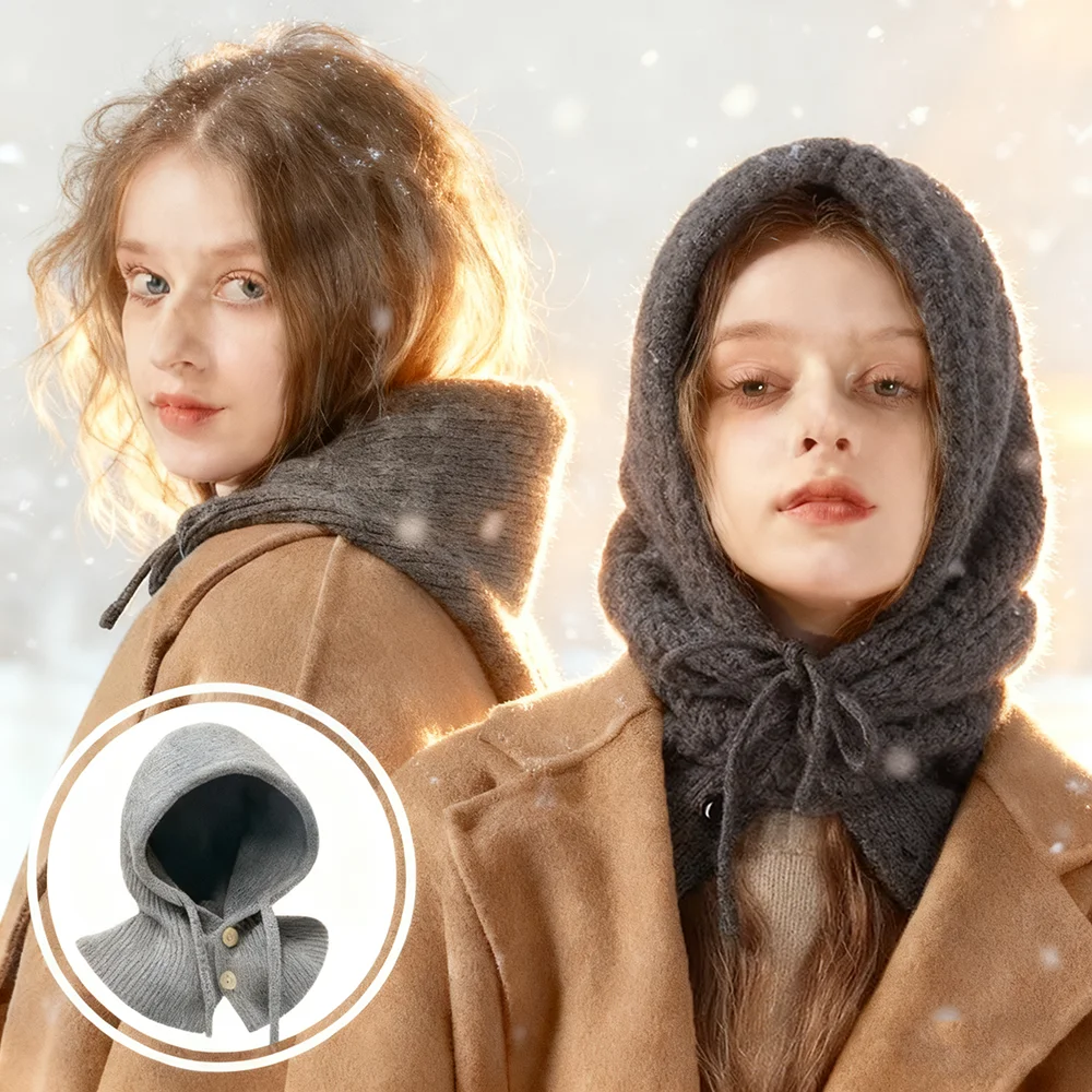 Winter Warm Knitted Hooded Scarf Hat Women Warm Ear Protection Cap ...