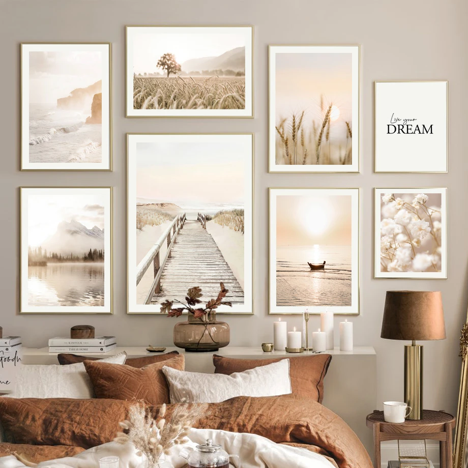 Boho Natural Landscape Lake Wave Palm Mural Nordic Wall Art Canvas ...