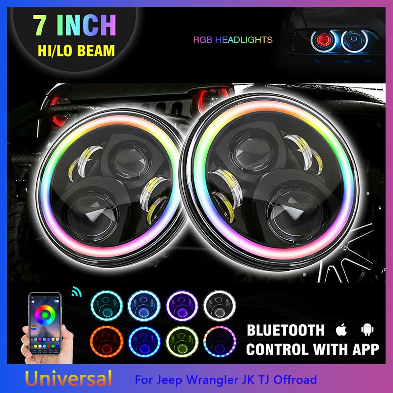 2PCS-7-Inch-LED-Headlights-for-Jeep-Wrangler-JK-TJ-Offroad-Angel-Eyes ...