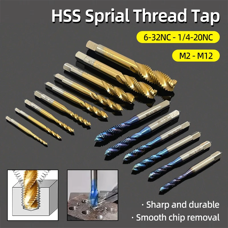 HSS-Sprial-Thread-Tap-Titanium-Coated-Metric-SAE-Screw-Tap-Drill-Bits ...
