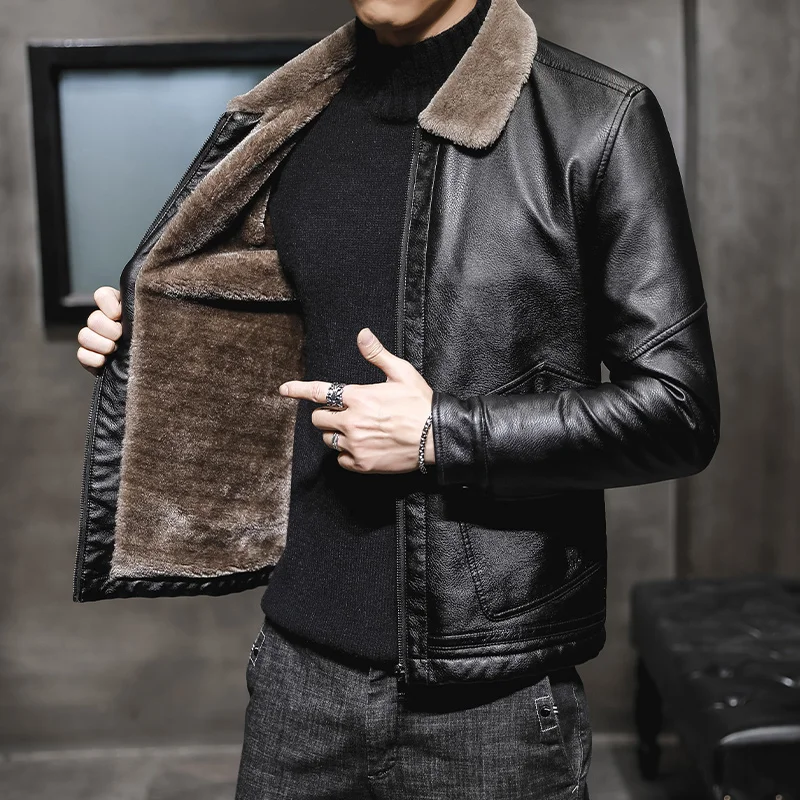 Winter-Men-s-New-Plush-Solid-Color-Fur-Collar-Long-Sleeved-Leather ...