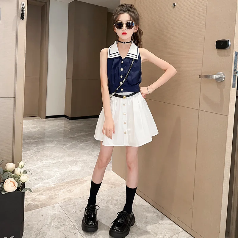 summer-new-teenage-girls-clothes-set-Academy-style-sleeveless-top-skirt ...