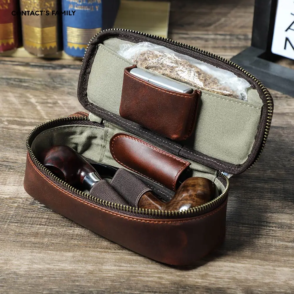 Portable Genuine Leather Tobacco Pipe Bag Can Hold Two Pipes Zippered ...