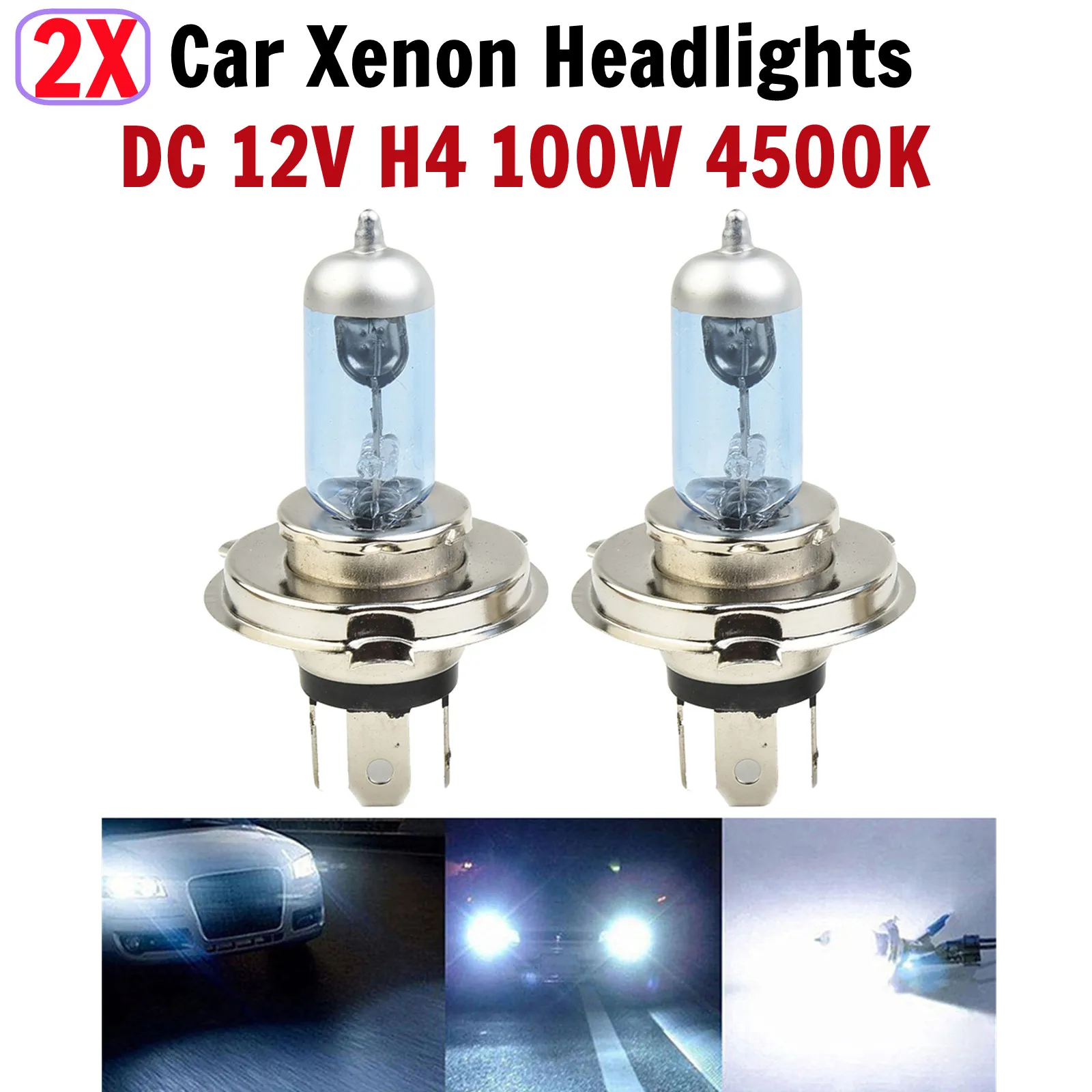 2pcs H4 100W 6000K Headlights Car Light Xenon Halogen White LED Light ...