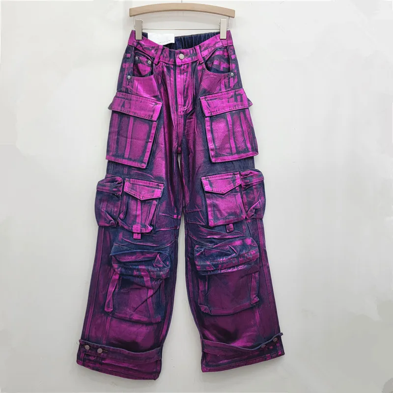 YEAE fashion women's jeans purple bronzing high waist multi-pocket full ...