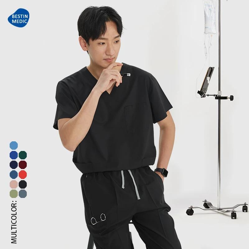 Bestin Black Doctor Nurse Scrub Set Polyester Spandex Women Men Surgeon ...