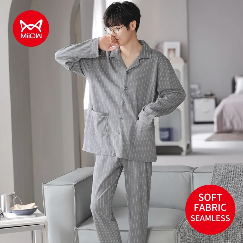 MiiOW-Male-Pajamas-Full-Cotton-Man-Homewear-Long-Sleeve-Turn-down ...