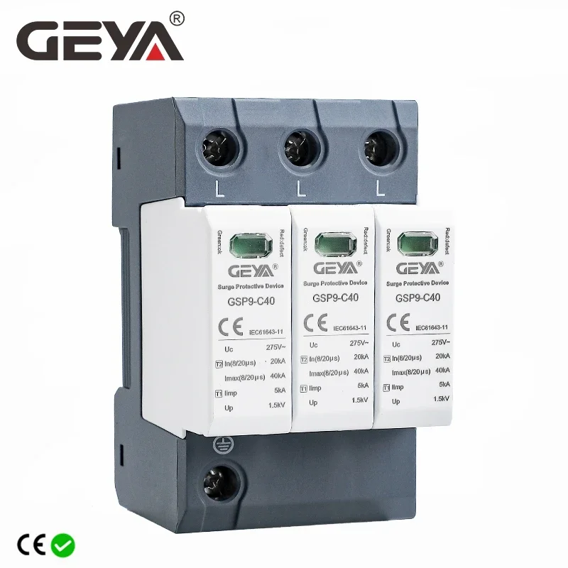 GEYA GSP9 40KA SPD 3P AC275V AC385V 400V 440V Din Rail House Surge ...