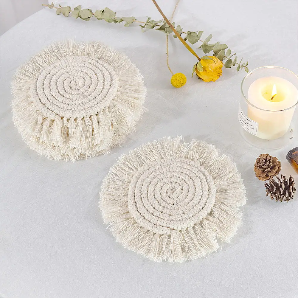 Boho Round Placemat Manual Cotton Rope Woven Table Mats with Pompom ...
