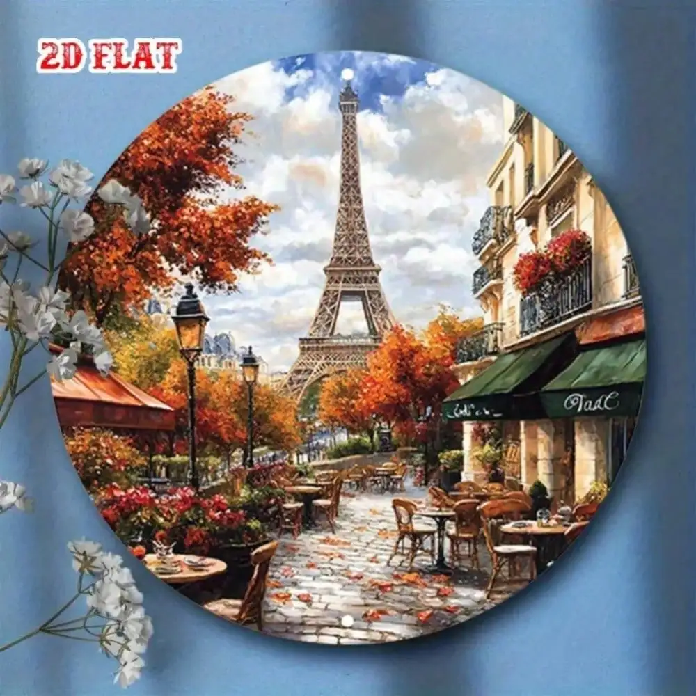 Paris Eiffel Tower Round Wall Art - 2D Flat Autumn Street Scene Decor ...