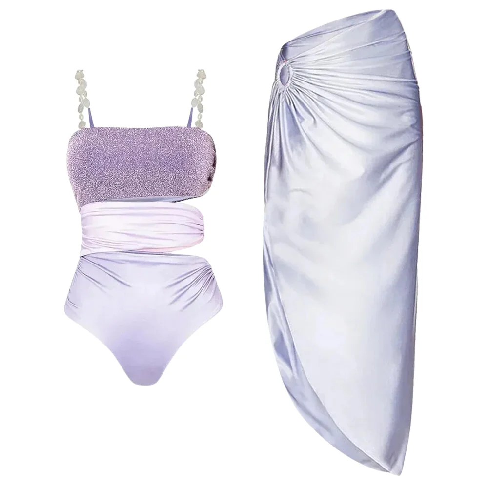 2024-Swimsuit-and-Skirt-Pearl-Shoulder-Strap-Cutout-Shiny-Texture-One ...