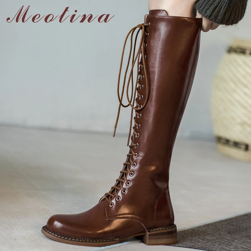Meotina-Women-Genuine-Leather-Knee-High-Riding-Boots-Round-Toe-Thick ...