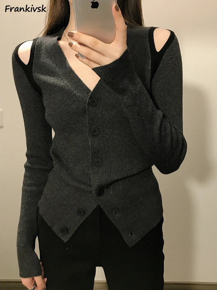 Off-Shoulder-Cardigan-Women-Single-Breasted-Slim-V-neck-Solid-European ...