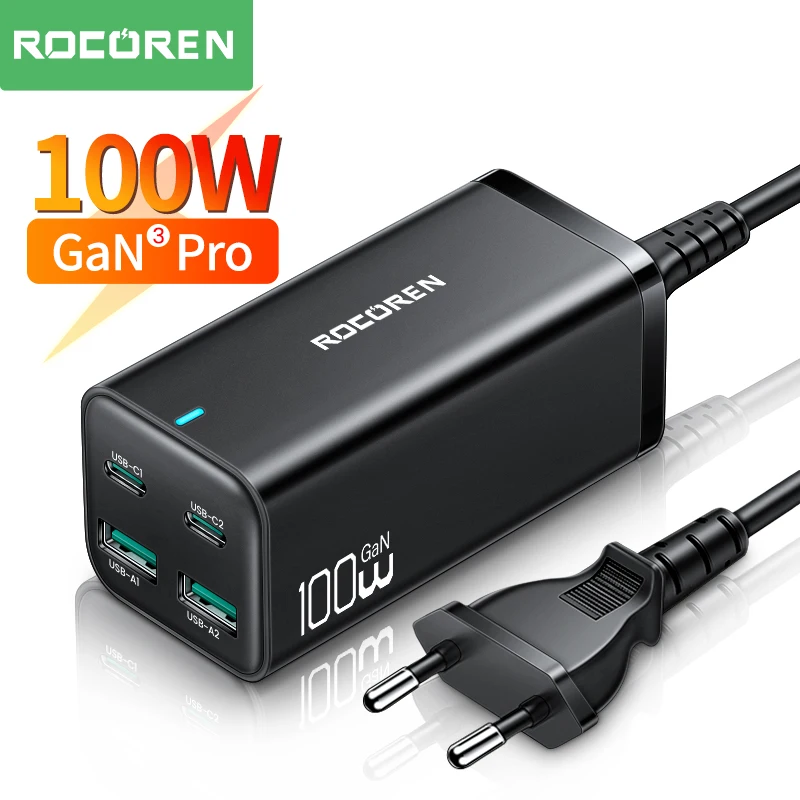 Rocoren cargador de escritorio GaN 100W, carga rápida 4,0 QC 5,0 3,0 PD USB C tipo C, carga ...