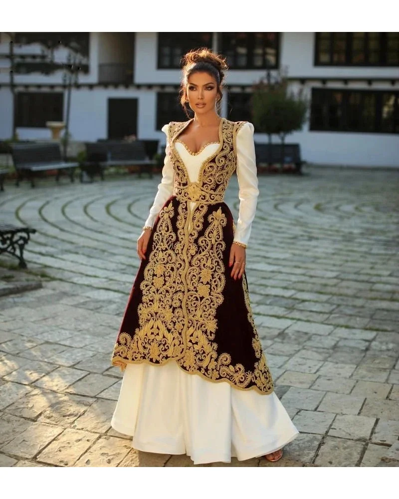 Two Pieces Burgundy Traditional Kosovo Evening Dresses with Long Velvet ...