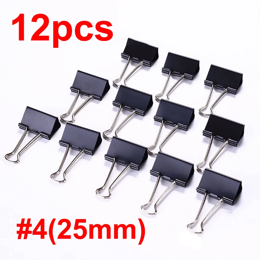 12PCS-Metal-Paper-Clip-25mm-Foldback-Metal-Binder-Clips-Black-Grip ...