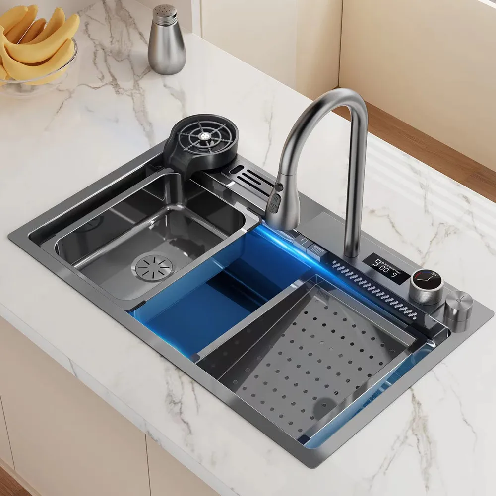 Black Nano Kitchen Sink Multi-Function Digital Display Waterfall Sink ...