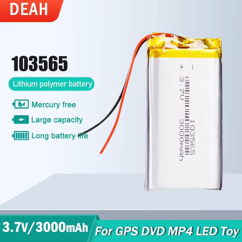 1PCS 103565 3.7V 3000mAh Lithium Polymer Rechargeable Battery For MPS MP4 DVD GPS PSP Game ...