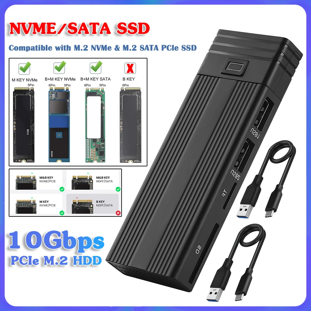 10Gbps PCIe M.2 HDD+HUB Enclosure USB 3.2 Gen 2 NVMe/SATA Mobile SDD ...