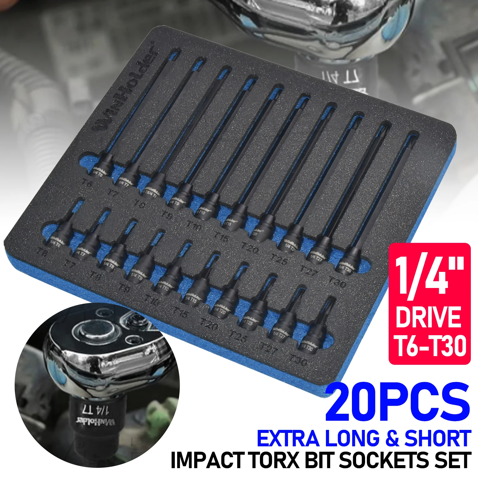 20pc Extra Long & Short Impact Torx Bit Sockets Set 1/4" Drive T6-T30 ...
