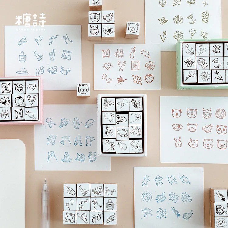 12pcs/box Cute Cartoon Stamps Creative Wood Stamp Set Kawaii Bear Tiger ...