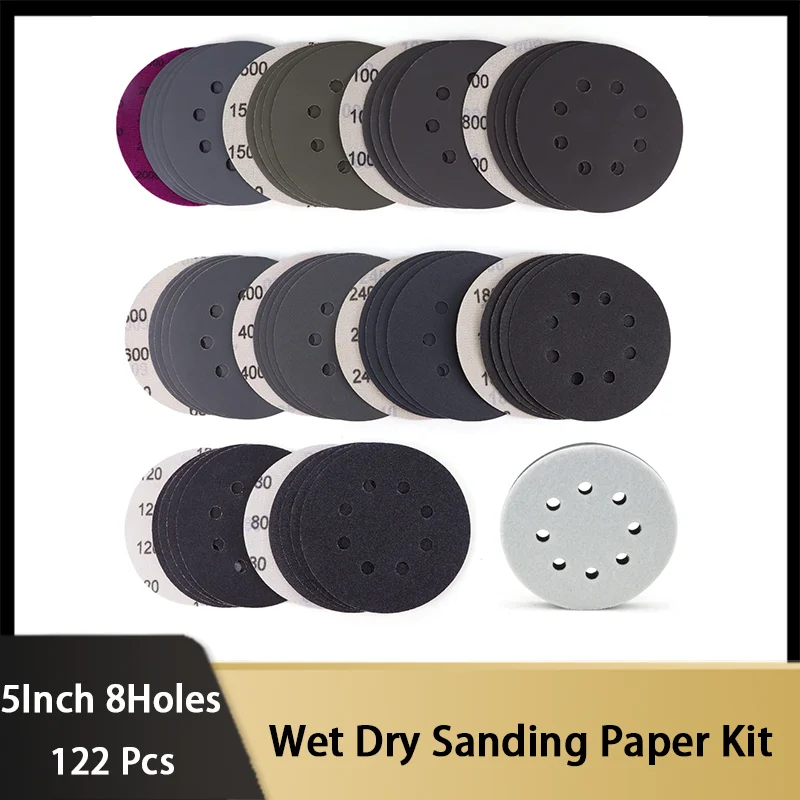 5-Inch-8-Holes-Sanding-Paper-Kit-122-Pcs-Hook-Loop-Wet-and-Dry-Silicon ...